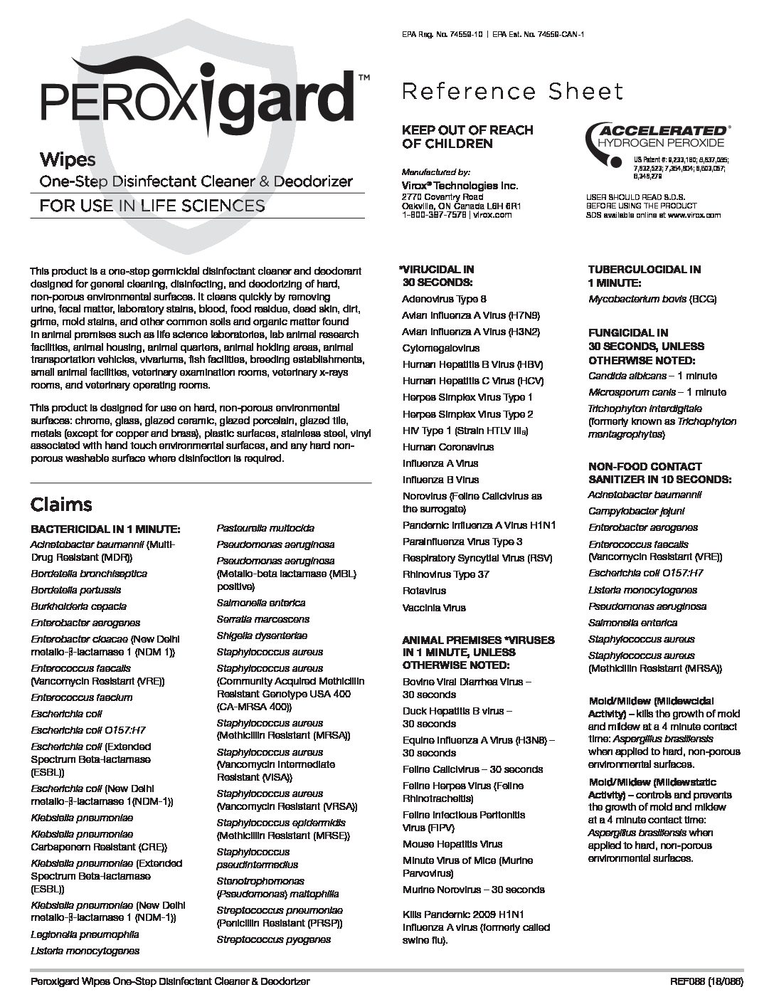 PeroxiGard Wipes Reference Sheet (US) - Peroxigard™ (Canada)